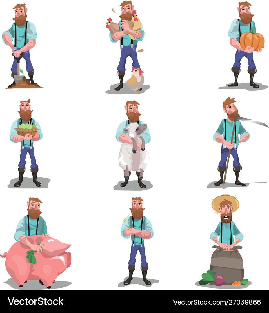 Farmer set raster in flat cartoon Royalty Free Vector Image