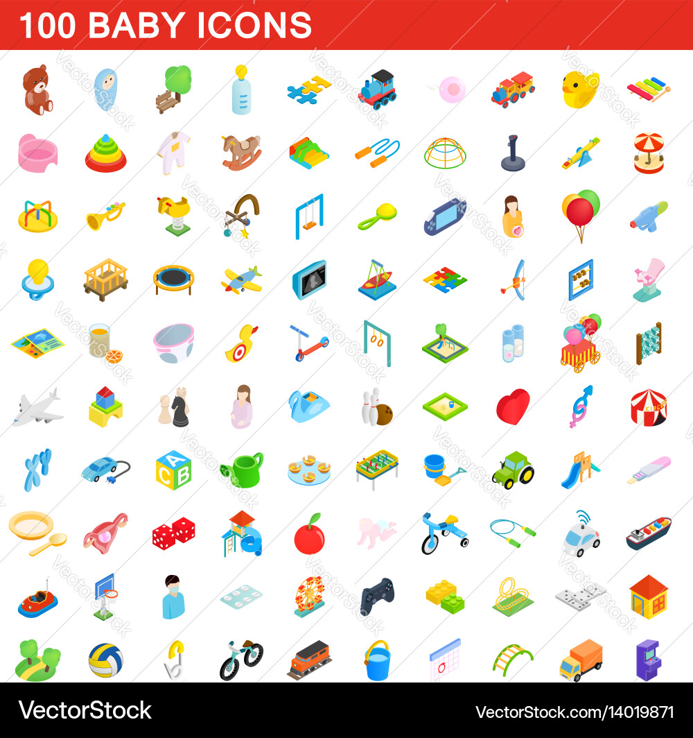 100 baby icons set isometric 3d style Royalty Free Vector