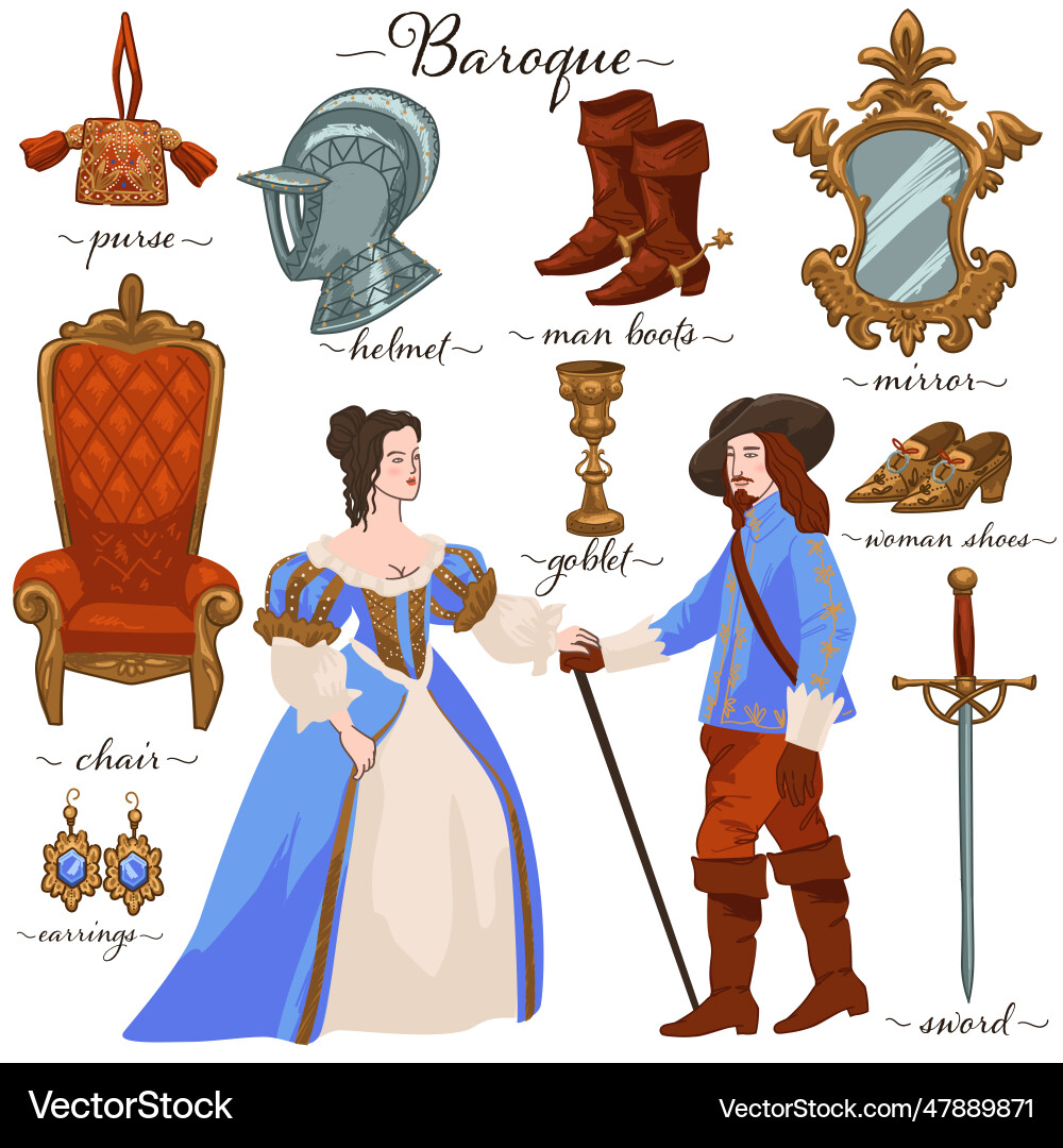 Baroque characters and objects culture and style Vector Image