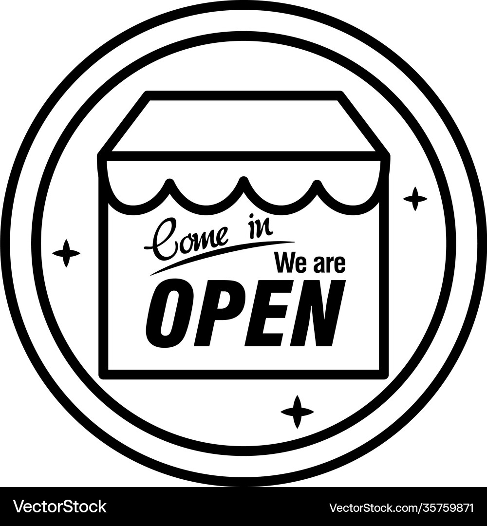 Reopening lettering with store front in sticker Vector Image