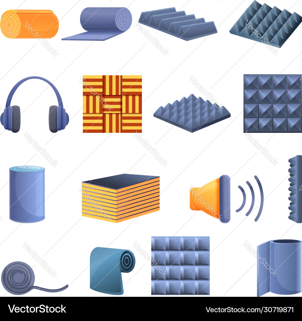 Soundproofing icons set cartoon style Royalty Free Vector