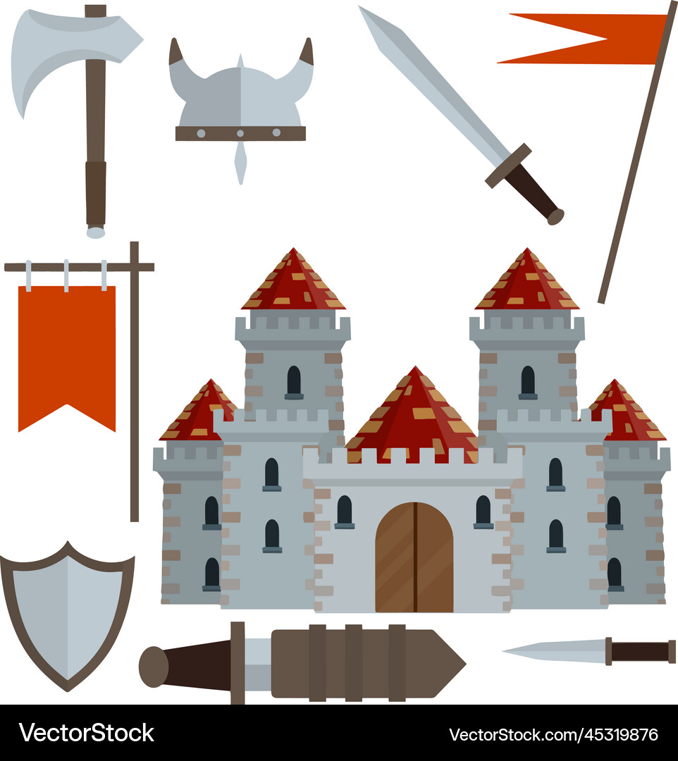 Medieval castle with tower wall gate red roof Vector Image