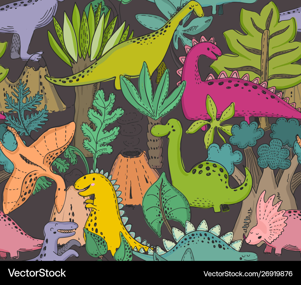 Seamless pattern with hand drawn dinosaurs Vector Image