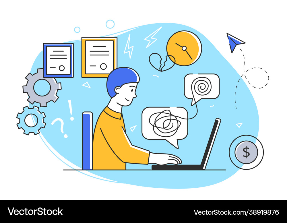 Young cheerful male character is working Vector Image