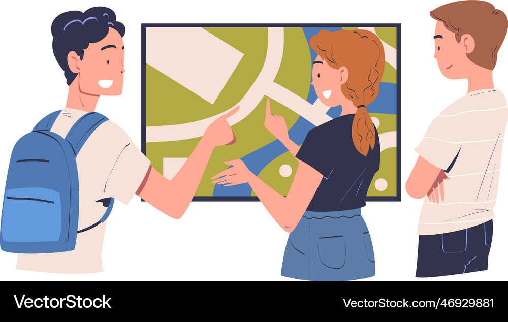 Man and woman character using information board Vector Image