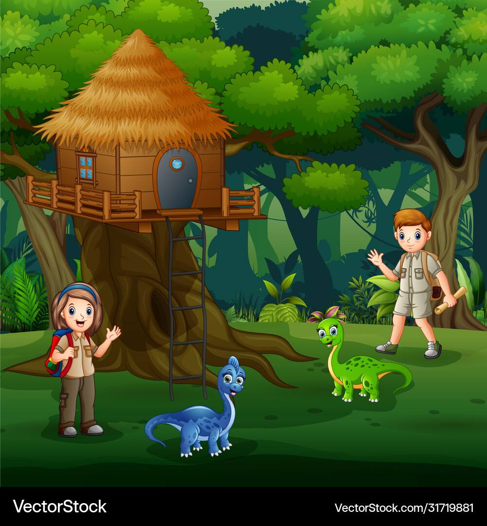 Scouts playing with baby dinosaurs around tree Vector Image