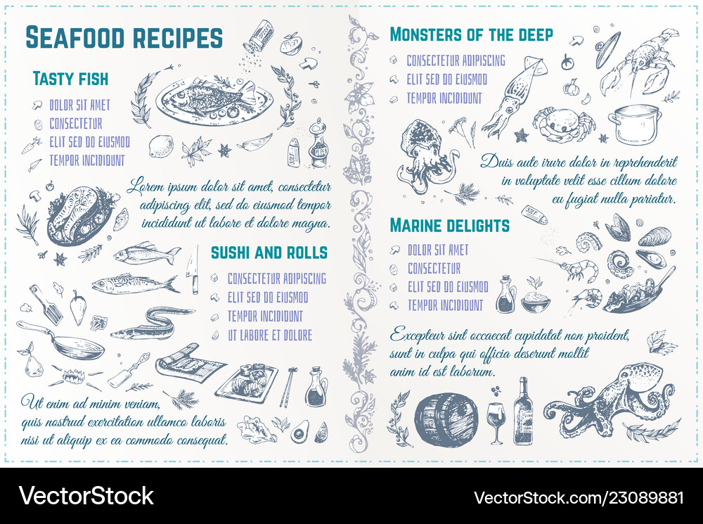 Seafood recipes hand drawn sketches Royalty Free Vector