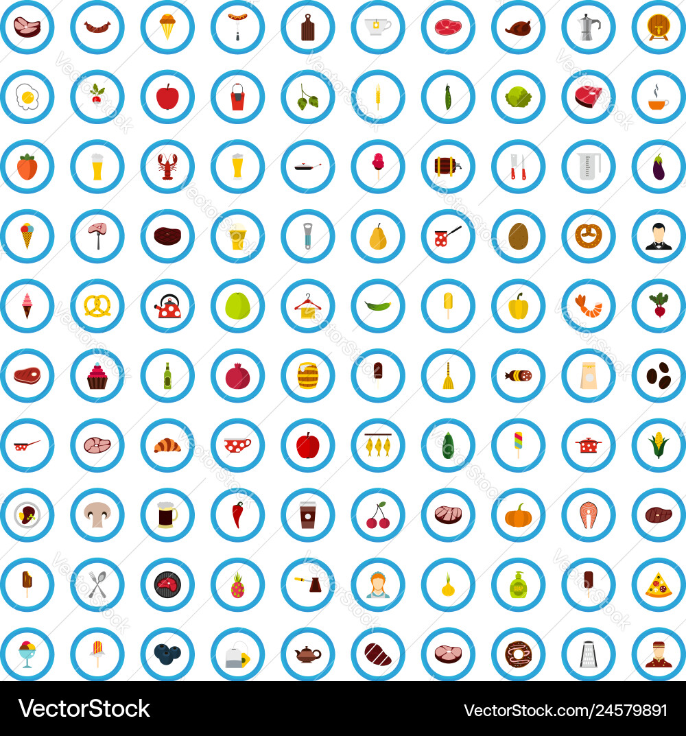 100 cafe product icons set flat style Royalty Free Vector
