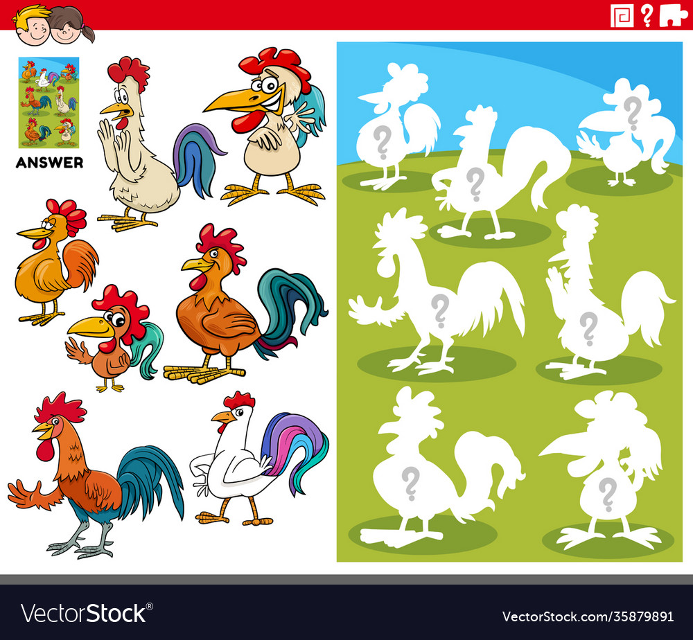 Matching shapes game with cartoon rooster Vector Image
