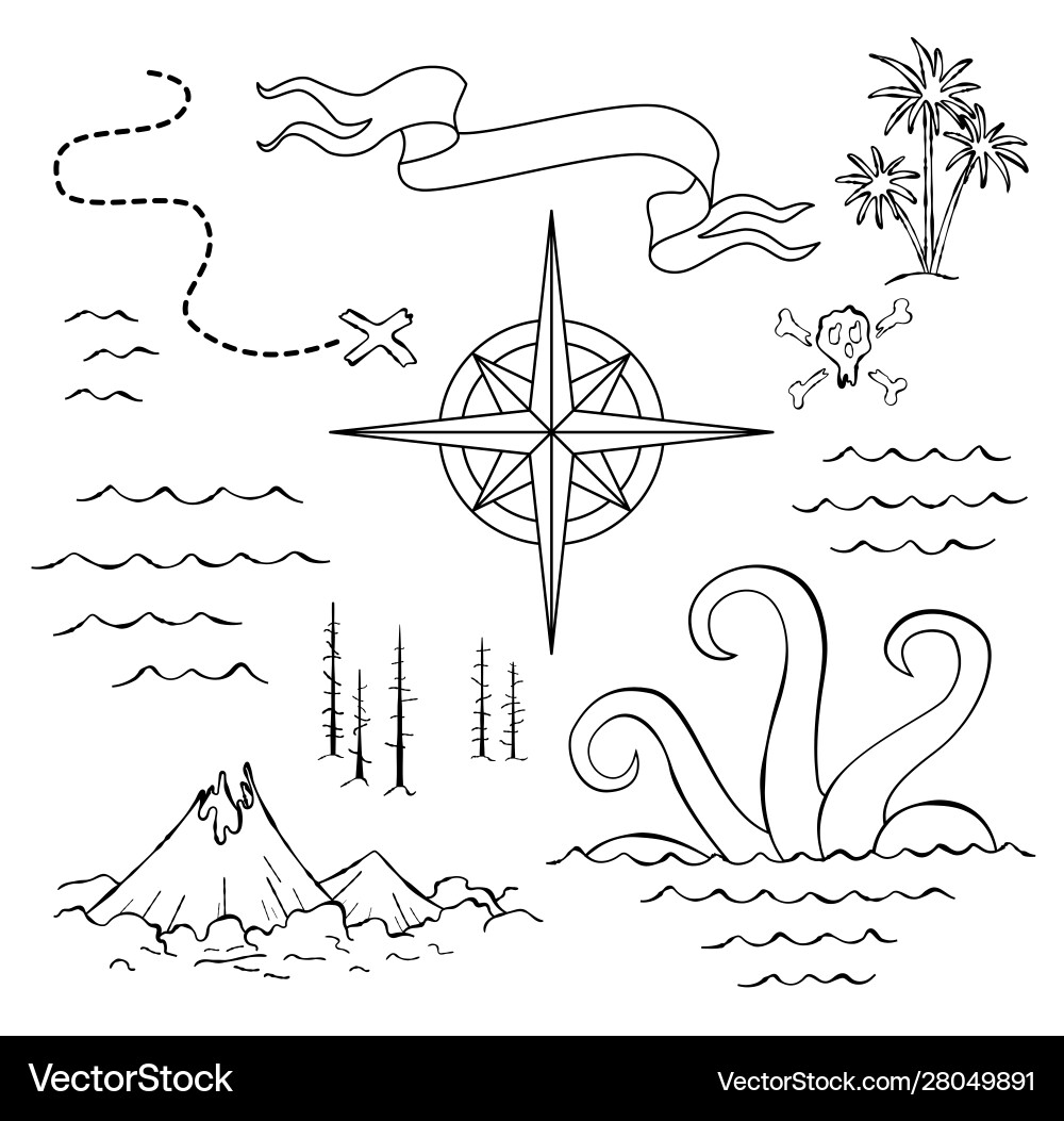 Old hand drawn map with vintage wind rose routs Vector Image