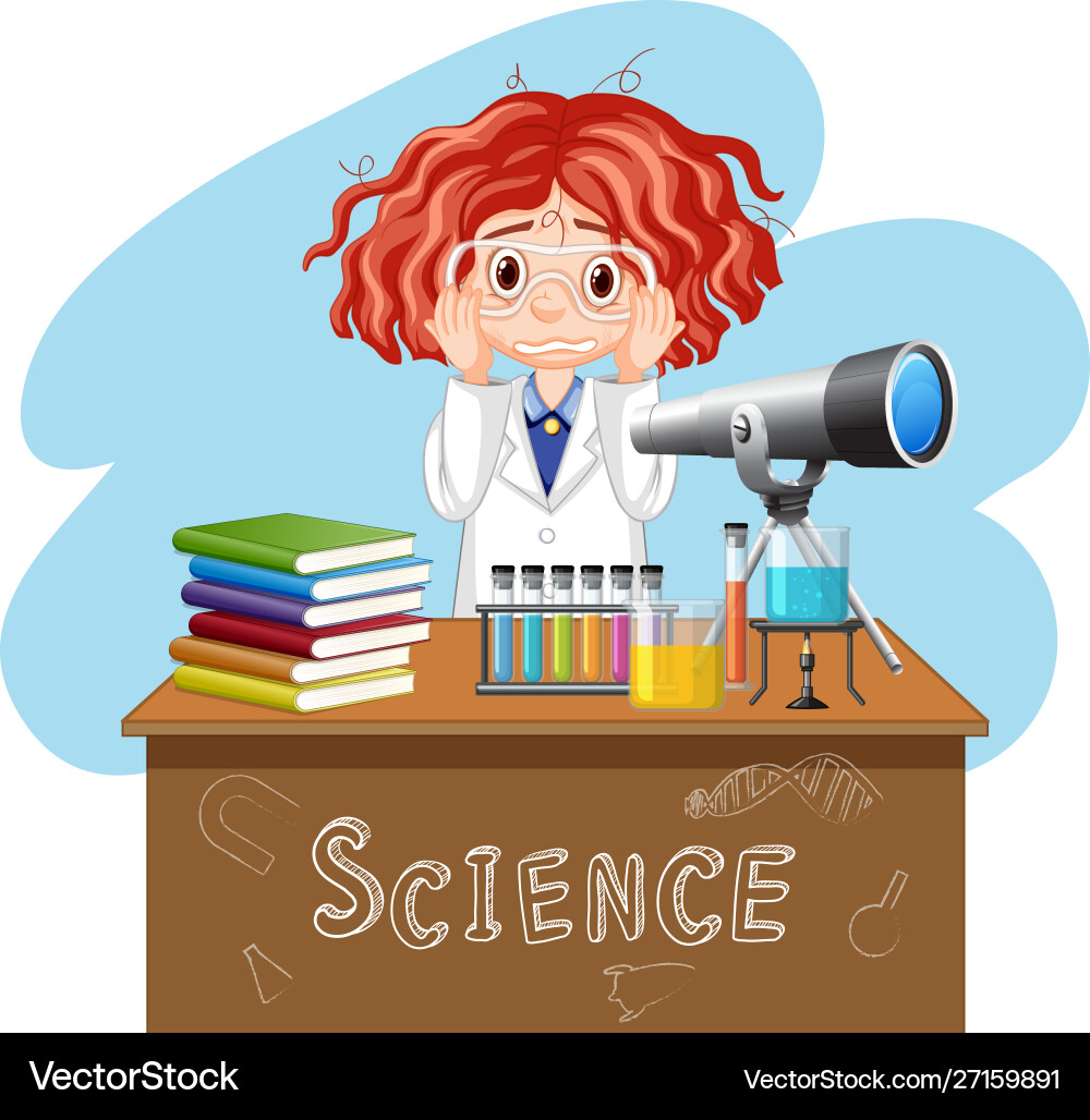 Sad girl working in science lab Royalty Free Vector Image