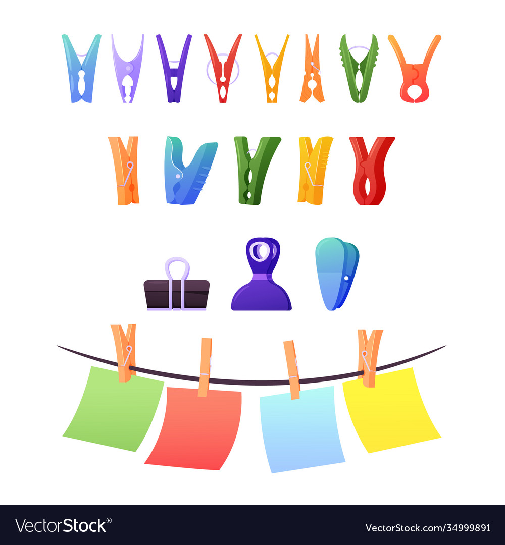 Set clothespins clips and pegs paper sheets Vector Image