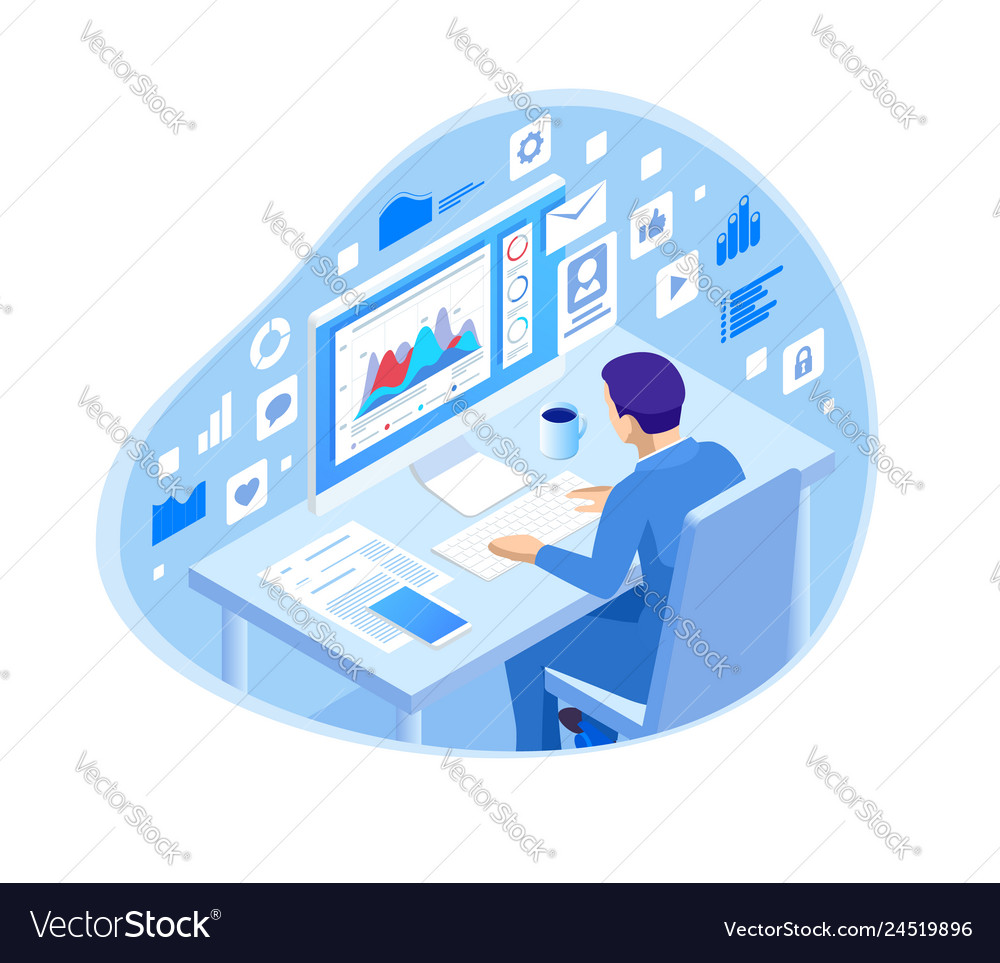 Isometric programmer coding new project sitting Vector Image Isometric programmer coding new project sitting Vector Image
