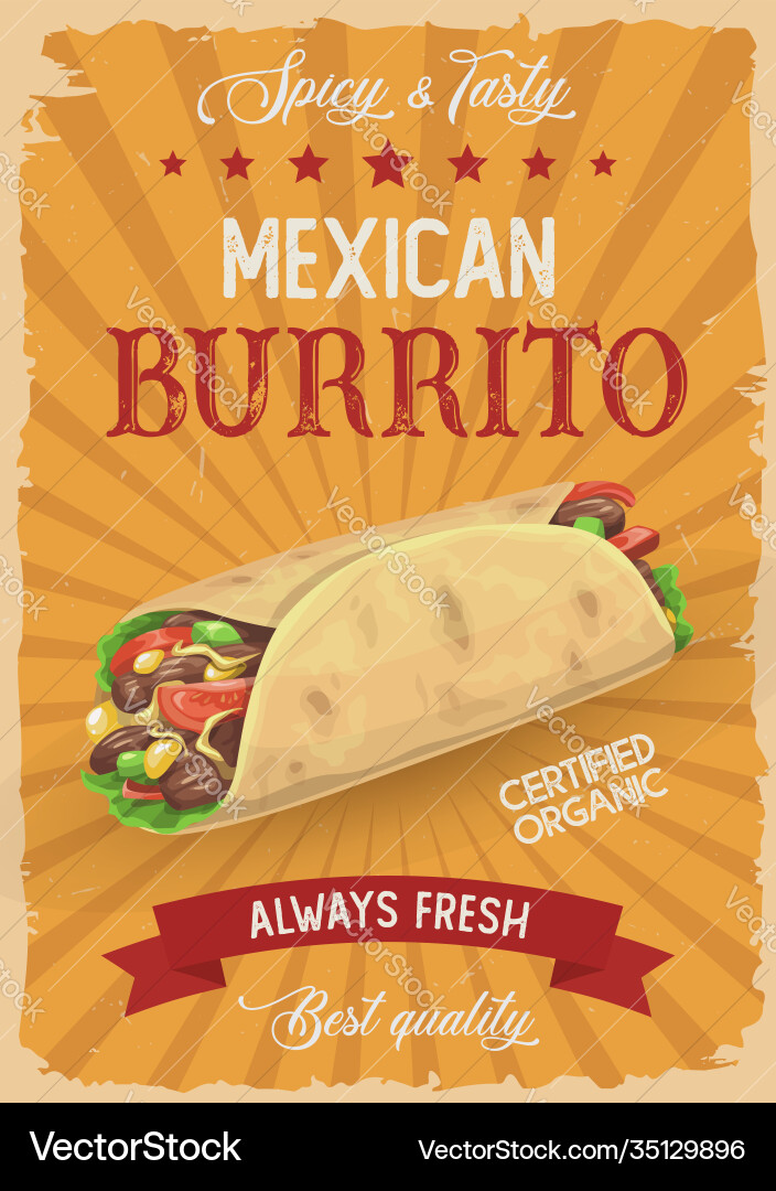 Mexican burrito retro poster hot roll Royalty Free Vector