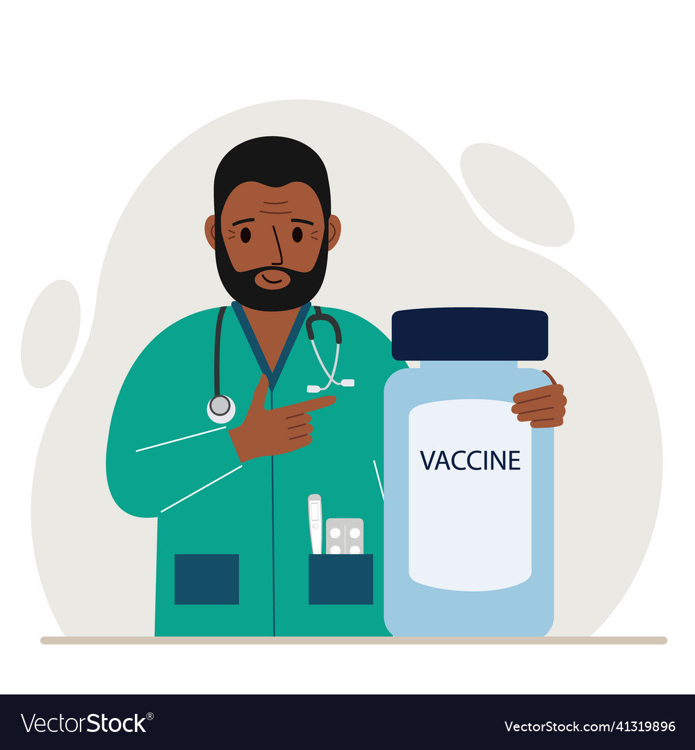 Smiling male doctor next to a jar of vaccine Vector Image