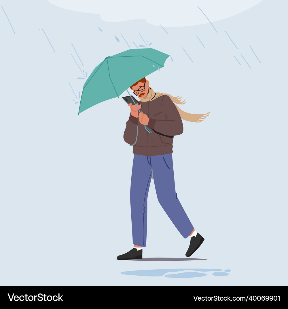Drenched passerby male character walking at rain Vector Image
