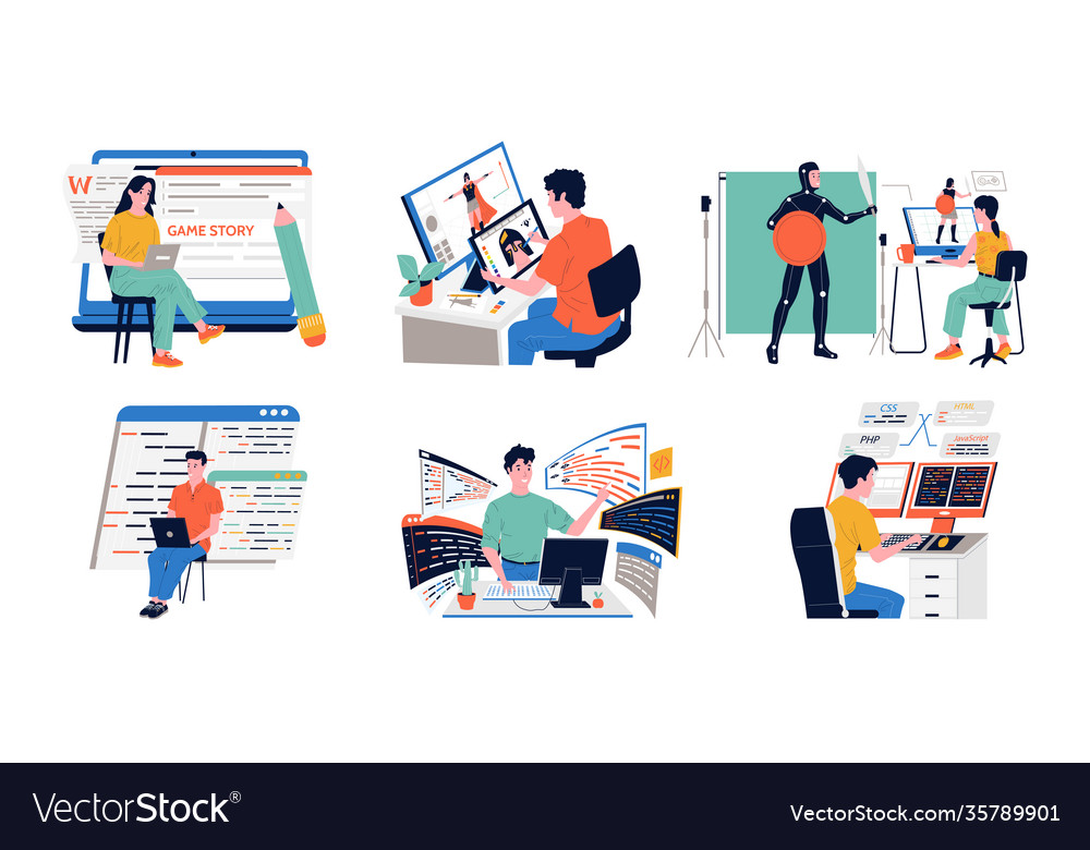 Game development programmers working on digital Vector Image