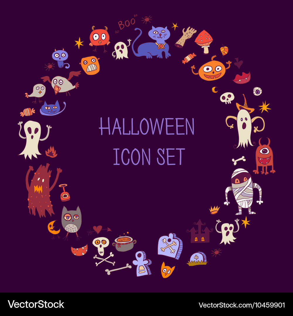 Halloween doodle icons round border out items Vector Image