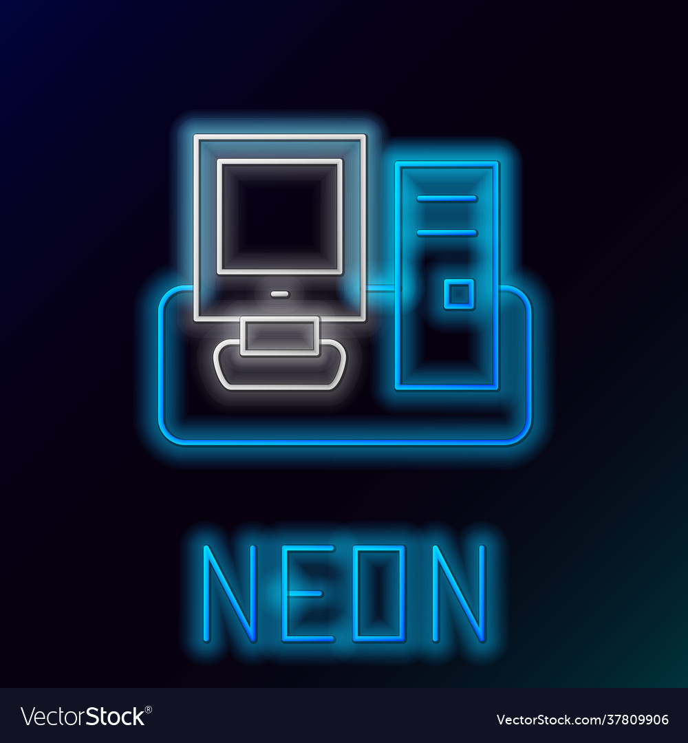 Glowing neon line computer monitor with keyboard Vector Image