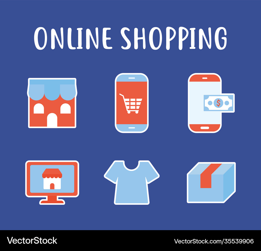 Online shopping lettering and set Royalty Free Vector Image