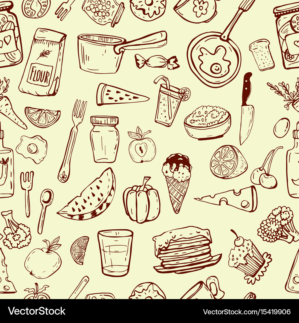 Pattern of cooking utensils and food Royalty Free Vector