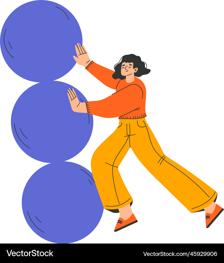 Woman character pushing big blue shape Royalty Free Vector
