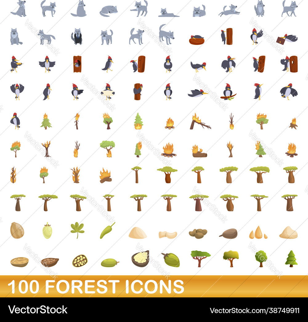 100 forest icons set cartoon style Royalty Free Vector Image