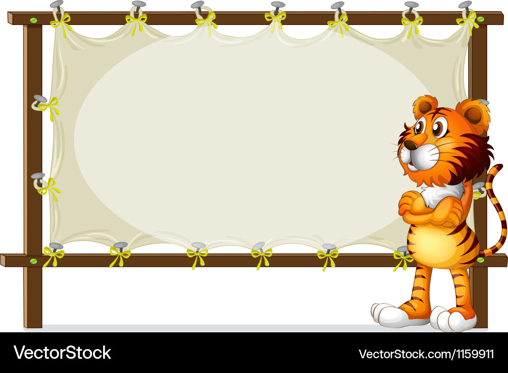 A tiger standing beside wooden frame Royalty Free Vector