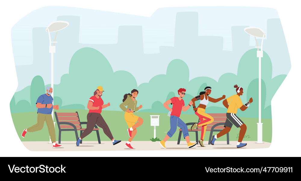 Energetic characters racing through city streets Vector Image