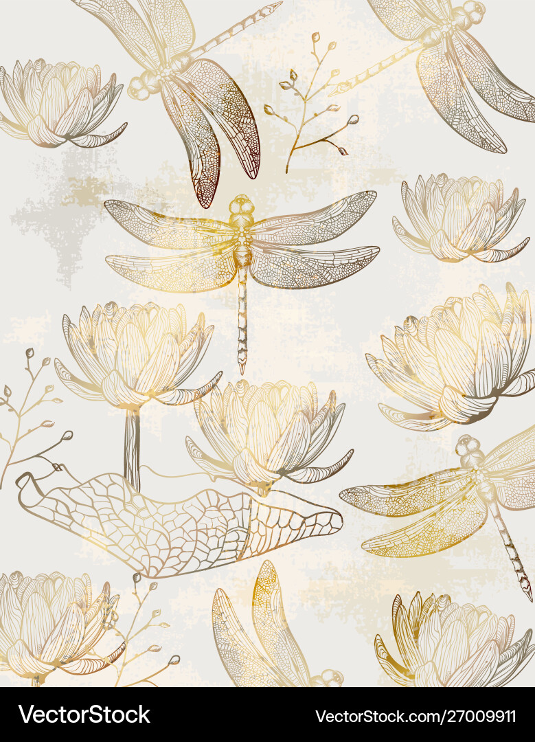 Lotus and dragonfly pattern line art golden Vector Image