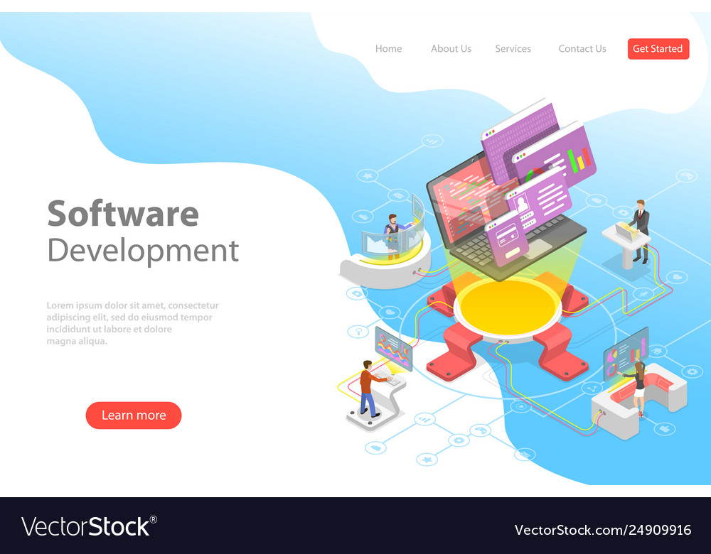 Flat isometric landing page template Royalty Free Vector