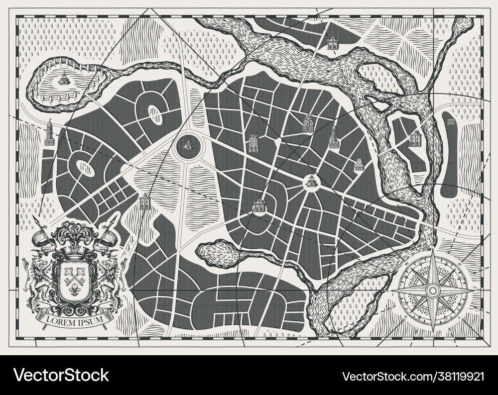 Abstract city map with coat arms and wind rose Vector Image