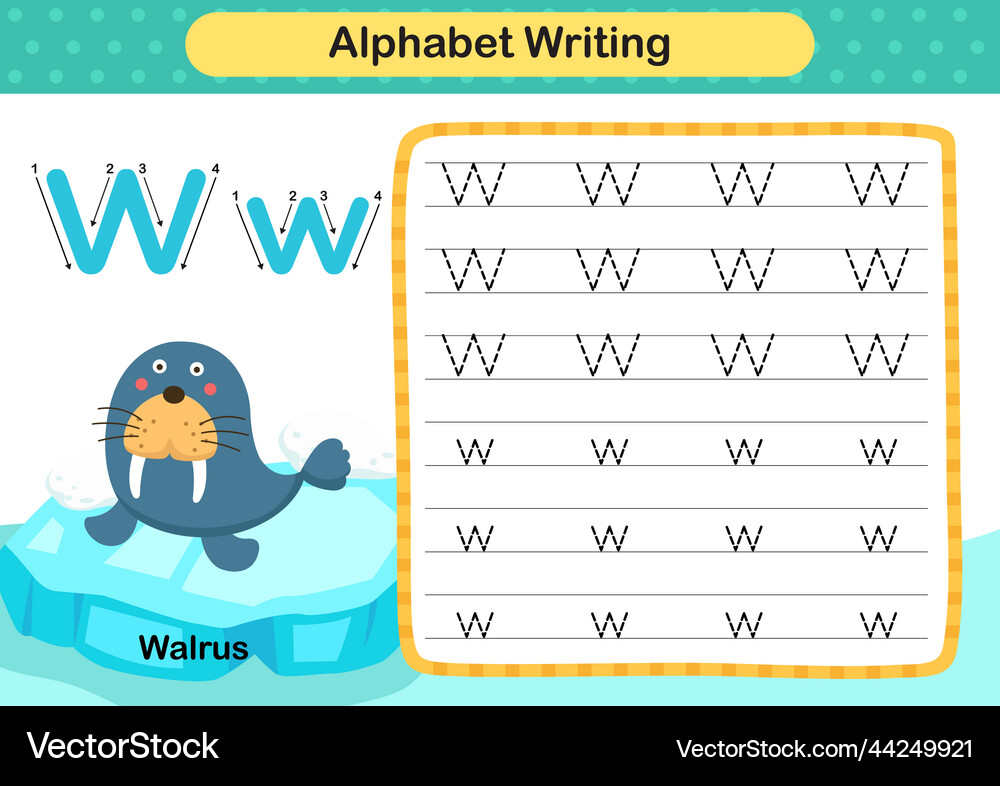 Alphabet letter w - walrus exercise with cartoon Vector Image
