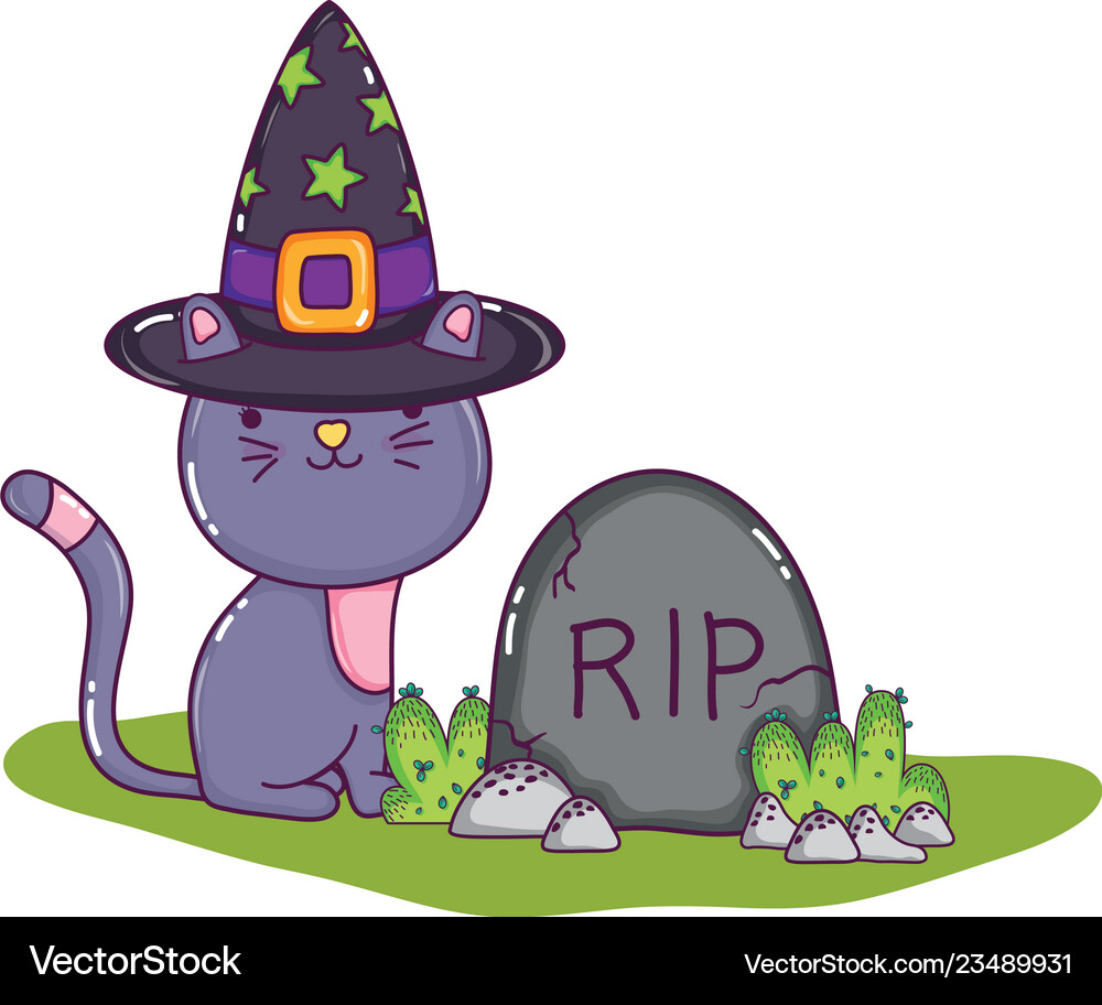 Cute cat with hat and rip stone Royalty Free Vector Image