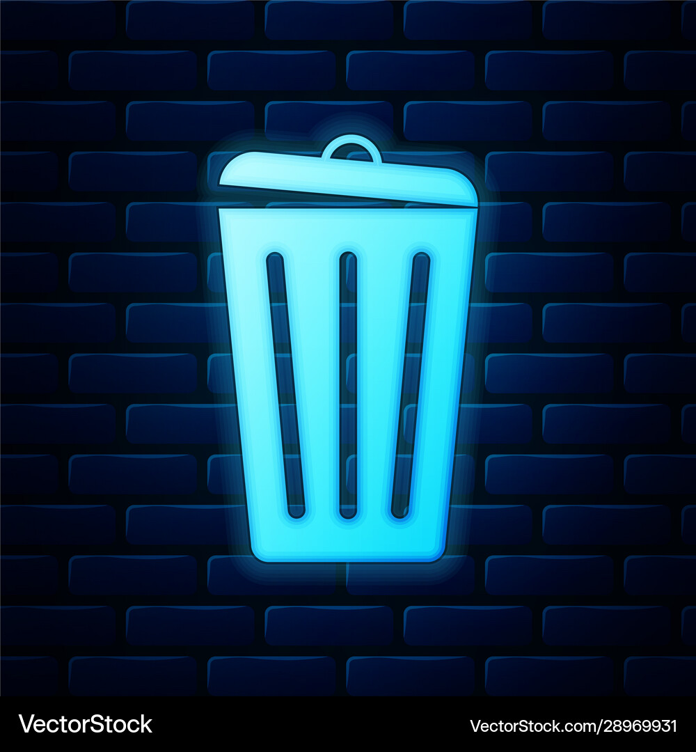 Glowing neon trash can icon isolated on brick wall