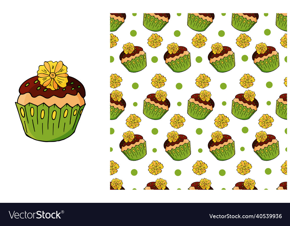 Cupcake muffin set of element and seamless pattern
