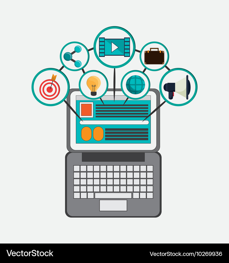 Laptop social network media multimedia icon set Vector Image
