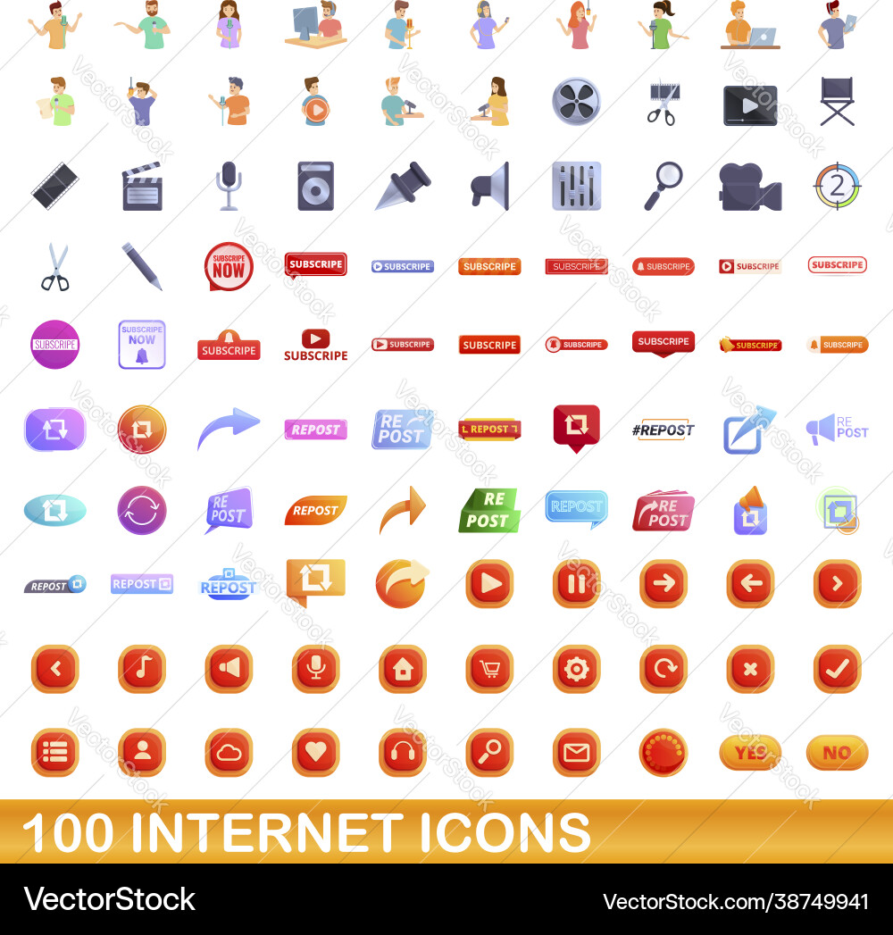 100 internet icons set cartoon style Royalty Free Vector