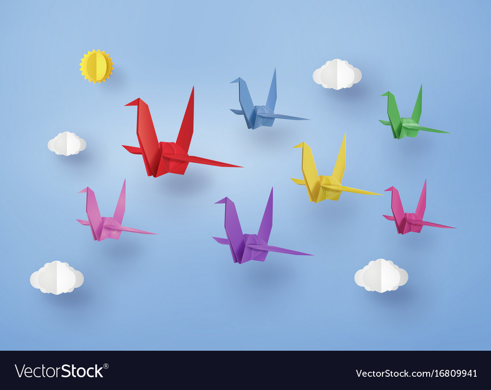 Origami made colorful paper bird flying on blue Vector Image