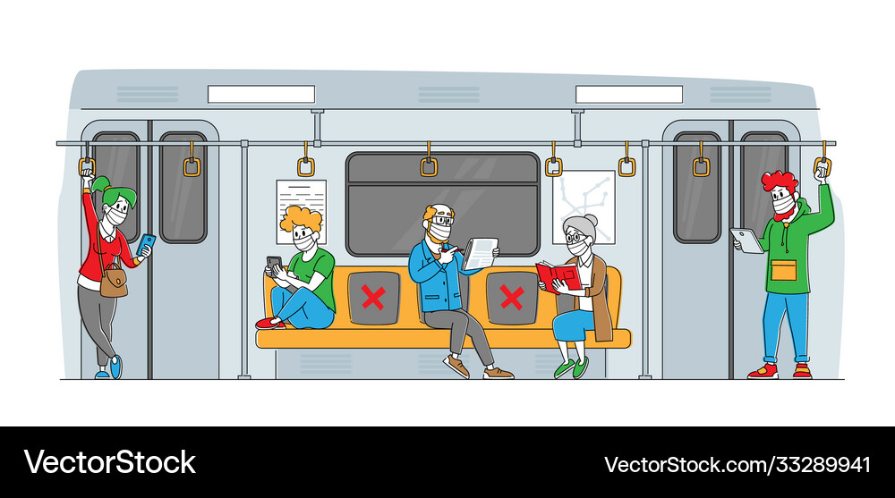 People in medical masks going subway train Vector Image
