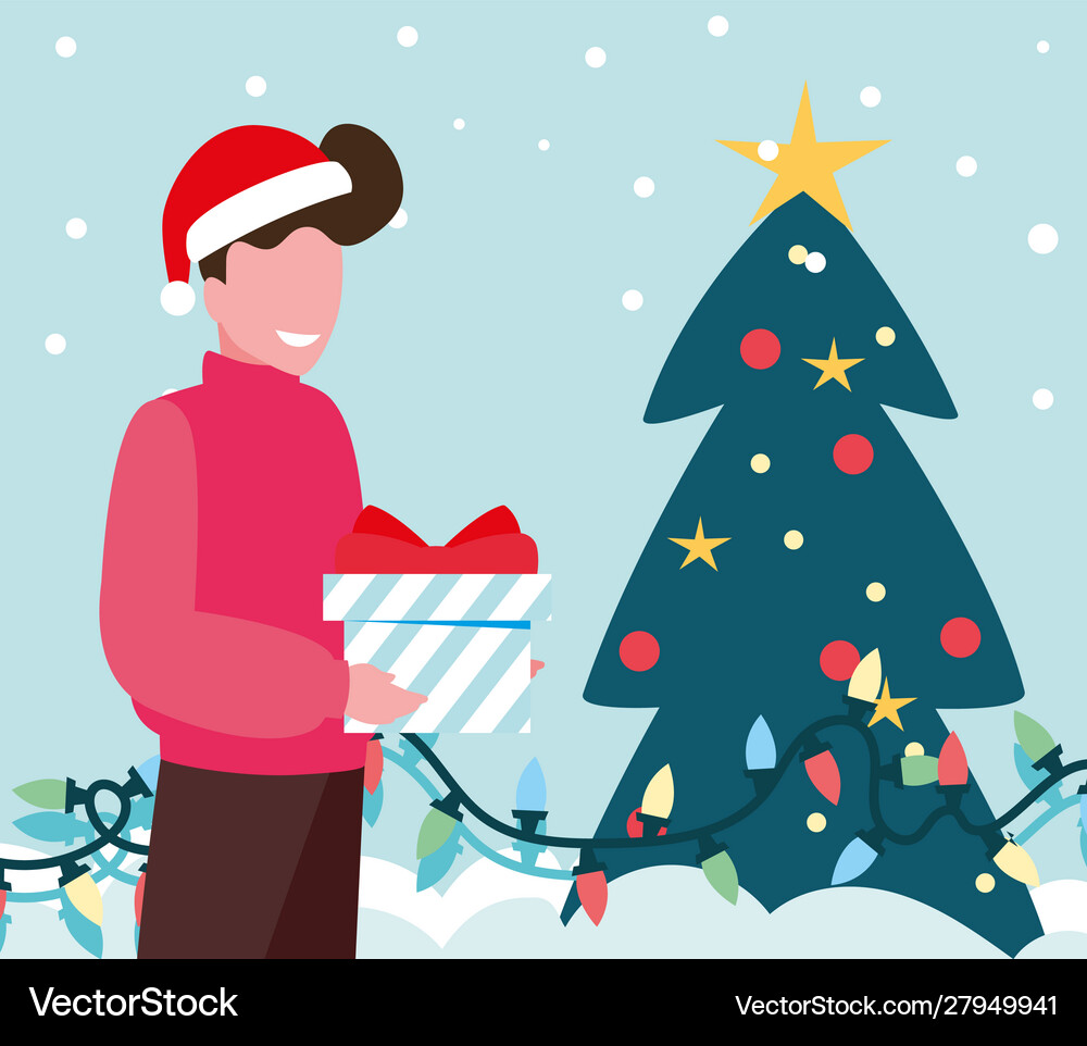 Scene man with christmas tree and box gift Vector Image