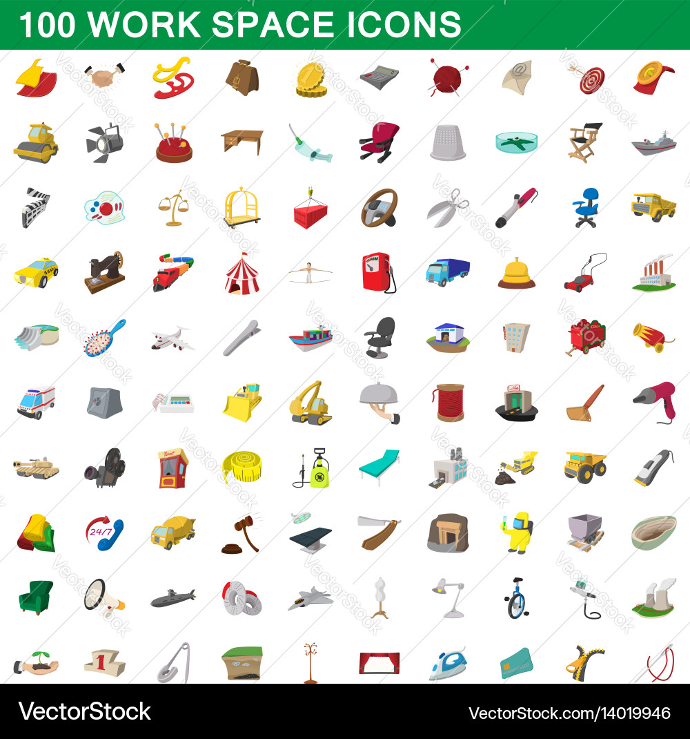 100 work space icons set cartoon style Royalty Free Vector