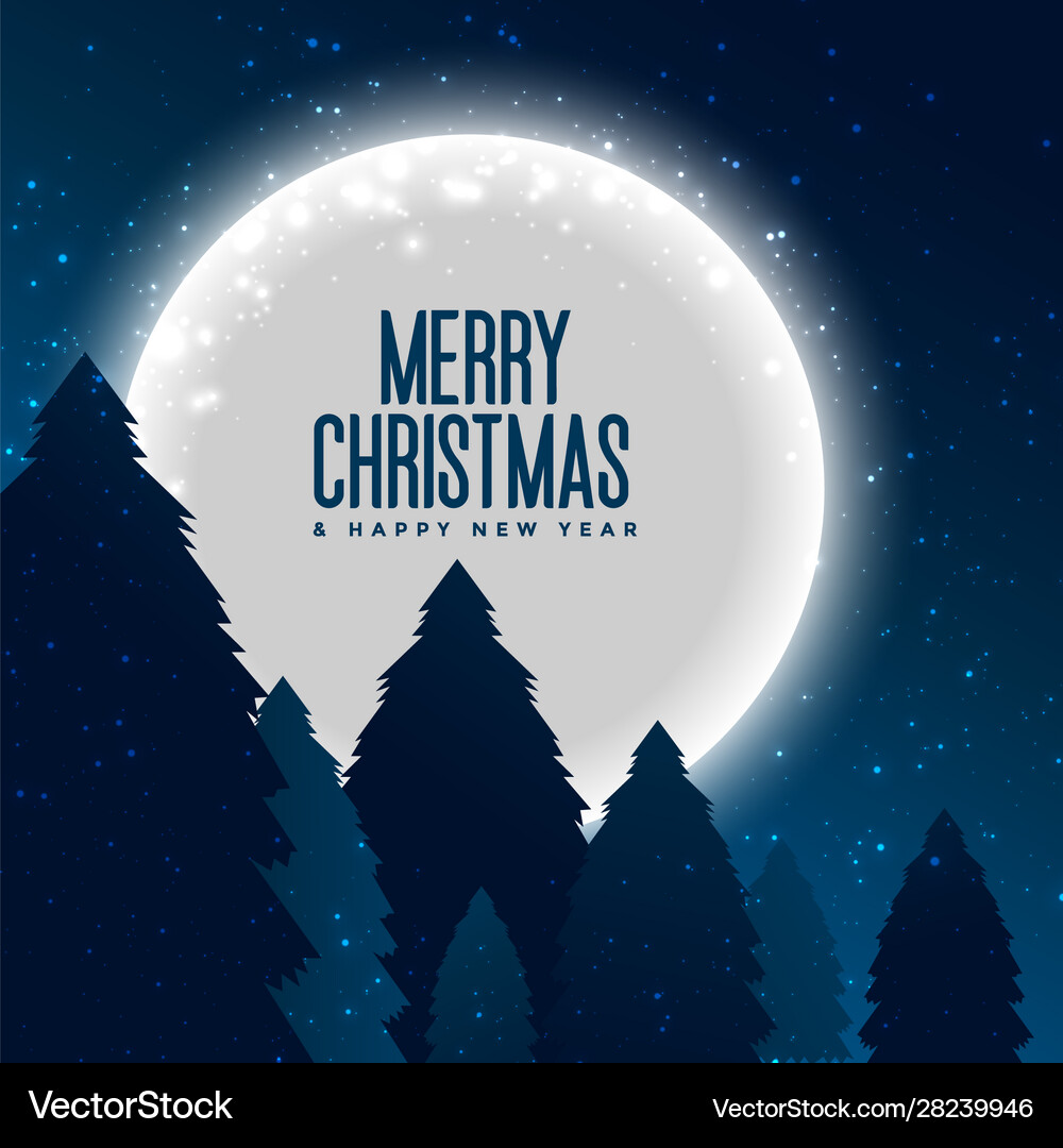 Merry christmas trees and full moon background Vector Image