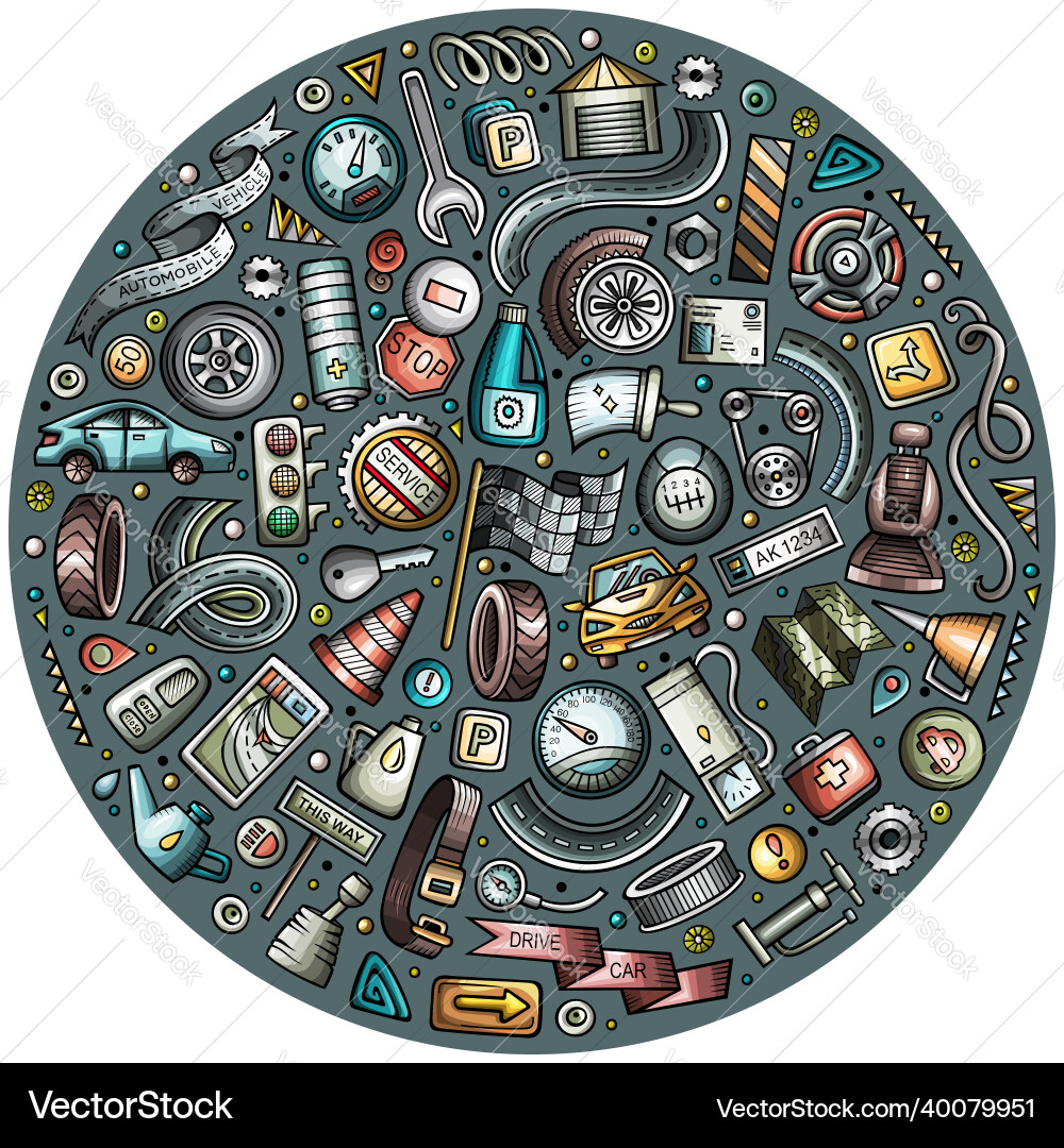 Set of automotive cartoon objects Royalty Free Vector Image