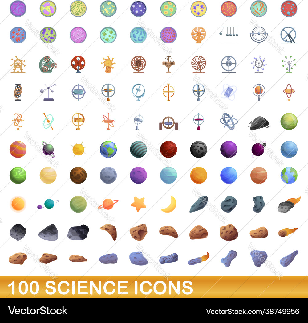 100 science icons set cartoon style Royalty Free Vector