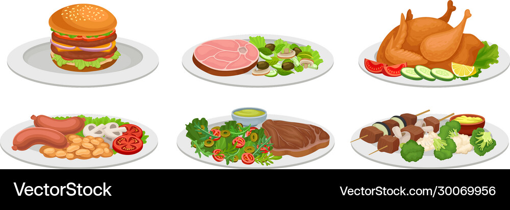 Meat dishes and courses served on plates Vector Image
