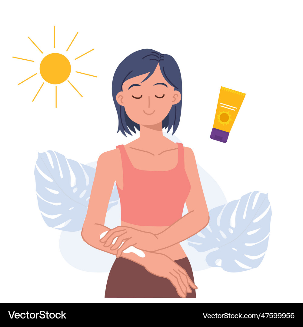 Skin care conceptsunscreenwoman using sunscreen Vector Image