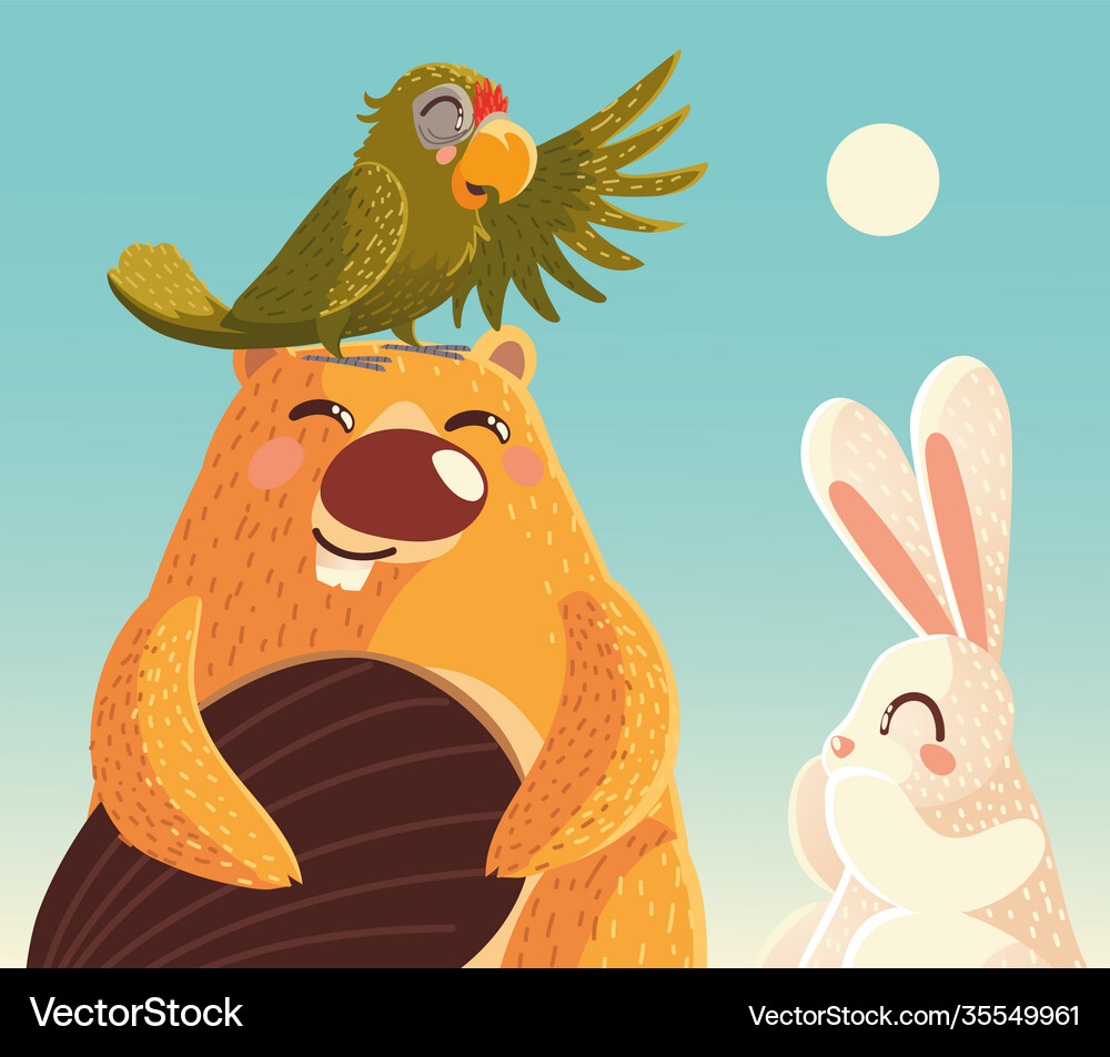 Cute beaver with parrot and rabbit sunny day Vector Image