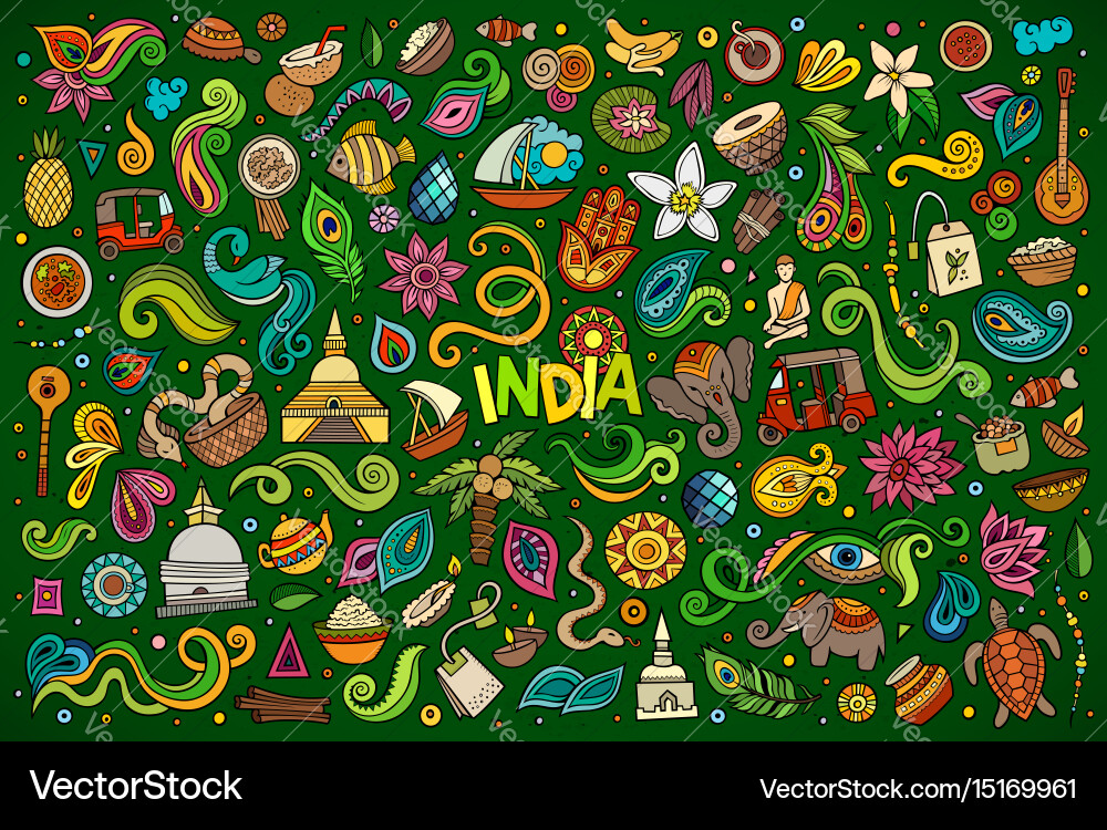 Doodle cartoon set of indian objects Royalty Free Vector