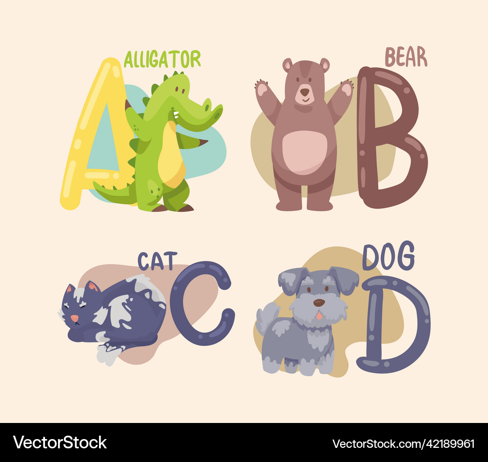Four kids alphabet animals Royalty Free Vector Image